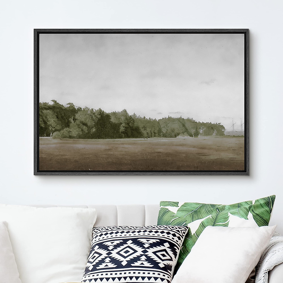 SIGNFORD Framed Canvas Wall Art Brown Meadow with Green Forest Landscape Wilderness Oil Painting Impressionism Traditional Scenic for Living Room, Bedroom, Office - 24x36 inches