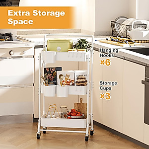 3-Tier Folding Rolling Utility Cart with Wheels, Foldable Storage Cart Organizer with 3 Hanging Cups & 6 Hooks for Kitchen, Office, Living Room, Nursery(White)