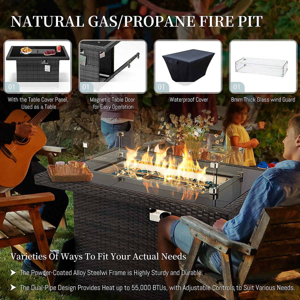 RADIATA PE Wicker Patio Furniture Set Sectional High Back Large Size Sofa Sets with Propane Fire Pit Table 55000 BTU Balcony Rattan Lounge Conversation Sets for Outdoor (7 Pieces,Light Gray)