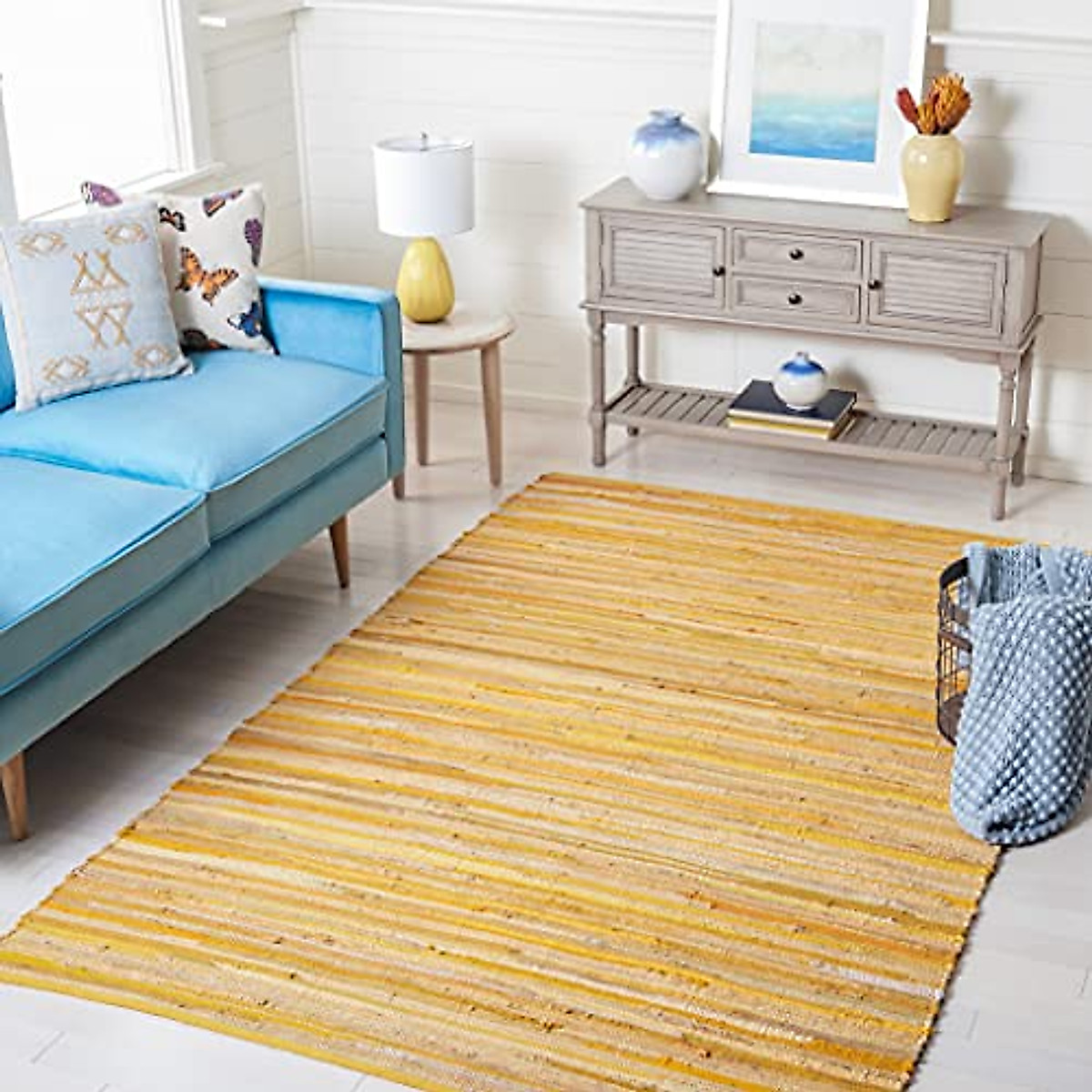 SAFAVIEH Rag Rug Collection 4' x 6' Yellow / Multi RAR130H Handmade Boho Stripe Cotton Area Rug