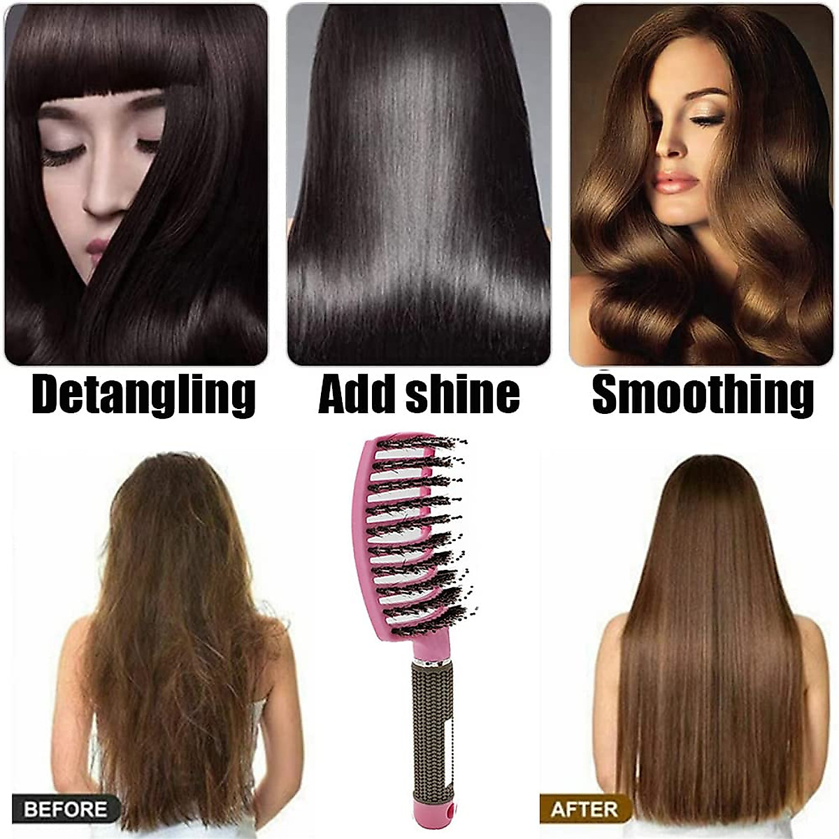 Vented Curved Boar Bristle Hair Brush Paddle Brush for Blow Drying, Anti-frizz Detangling Brush Styling Hairbrush Comb for Curly Fine Wavy Natural Tangled Hair, Wet or Dry Use