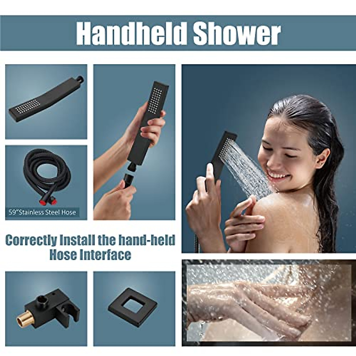 Aolemi Rainfall Shower System 8 Inch Matte Black Shower Head Combo Set with Tub Filler Handheld Shower Luxury Rough-in Valve Included Wall Mount Bathroom Shower Mixer Faucet