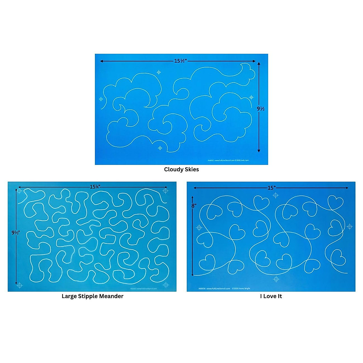 Full Line Stencil 3-Pack Edge to Edge - Cloudy Skies, Large Stipple Meander, & I Love It - Continuous Line Templates for Free Motion Quilting, Domestic Machine, Hand, Long-Arm Quilting