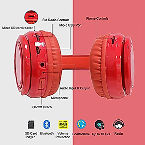 Contixo KB-2600 Over Ear Headphones - Wireless Bluetooth Headphones Kids Safe - 85dB with Volume Limited with Long Lasting Battery - Built-in Mic - Micro SD Card Slot - FM Stereo Radio (RED)