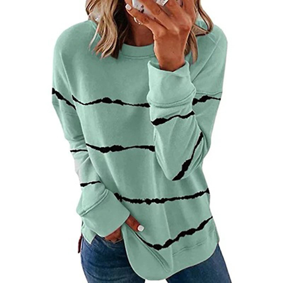 MRGIINRI Womens 2022 Fall Fashion Tops Dressy Casual Crewneck Sweatshirt Solid Striped Long Sleeve Loose Pullover Shirts A01_green