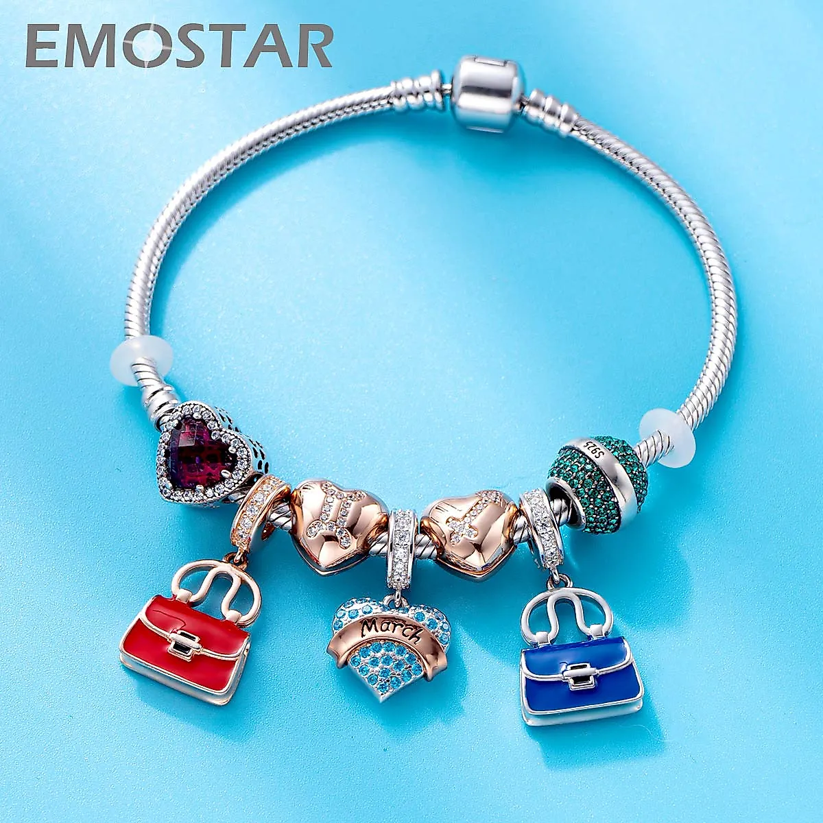 March Birthstone Charms fits Pandora Style Bracelet, Sparkling Pave Heart Aquamarine CZ Forever Love Pendant in 925 Sterling Silver, Gifts for Christmas/Mothers/Valentines Day