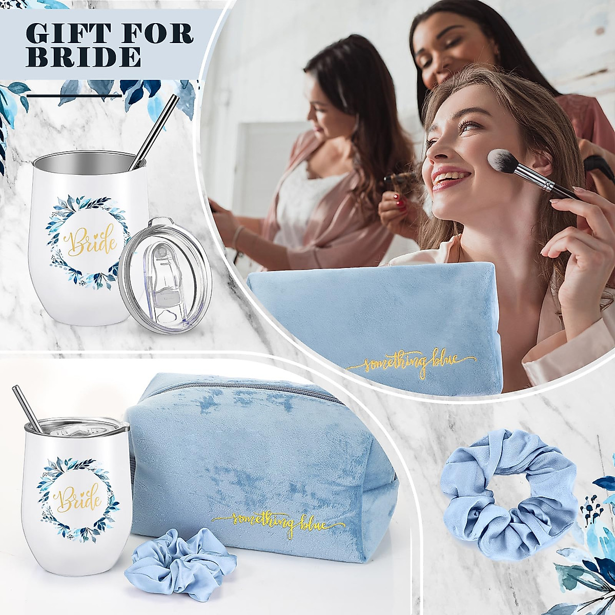 Set of 3 Something Blue Wedding Gift for Bride Blue Flowers Bride Sign 12 oz Stainless Steel Insulated Tumbler with Lids Something Blue Bridal Cosmetic Bag Blue Scrunchies Hair Tie Gifts to Bride
