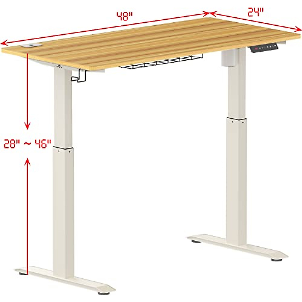 SHW Electric Height Adjustable Standing Desk with Hanging Hooks and Cable Management, 48 x 24 Inches, Oak