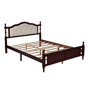 MKABAK Queen Size Bed Frame with Upholstered Headboard and Panel Footboard, Rustic Retro Style Pine Wood Platform Bed with Slat, No Box Spring Needed, Classic Cherry