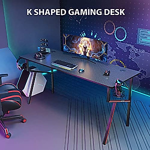 It's_Organized Gaming Desk 63 inch, K-Shaped Gaming Computer Desk, Carbon Fiber Surface Professional Gamer Workstation with Mouse Pad Cup Holder Headphone Hook Controller Stand, Black