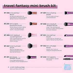 Real Techniques 11 Piece Travel Fantasy Mini Brush Set, Travel Size Makeup Brushes For Foundation Eyeshadow, Powder, Blush, Contour, & Concealer, Makeup Bag Included, Gift Set, Cruelty-Free