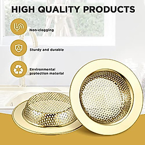 2 Pcs Sink Strainer Stainless Steel Sink Drain Basket Cover Mesh Metal Food Catcher Kitchen Sink Accessories for Hair Garbage, Large Wide Rim of 4.4 Diameter (Gold,2mm Dia Hole Style)