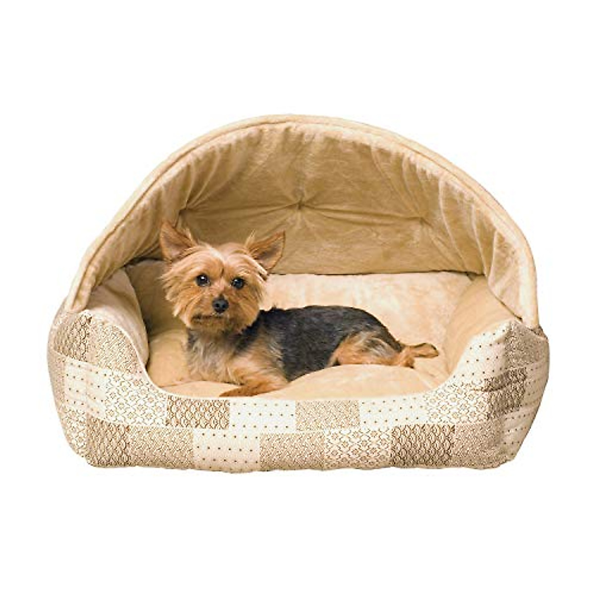 K&H Pet Products Hooded Lounge Sleeper Pet Bed Tan Patchwork Print 20 X 25 Inches