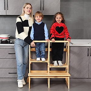 SDADI Kitchen Step Stool Tower for 2 Kids, Adjustable Height Double Learning Stool, Solid Wood Construction Toddler Tower (Natural)
