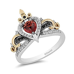 Jewelili Enchanted Disney Fine Jewelry 10K Yellow Gold and Sterling Silver with 1/5 Cttw Diamond and Red Garnet Evil Queen Ring