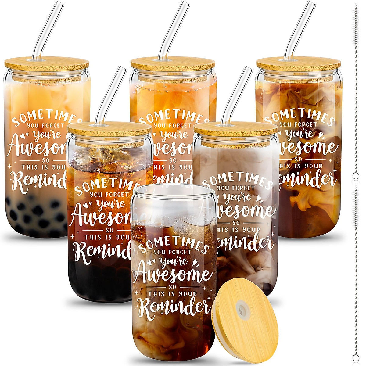 Purpeak 6 Set Team Gifts for Employees Thank You Gifts Teacher Staff Appreciation Gifts 16oz Can Shaped Beer Glass with Lids Straws Brushes Thank You Cups for Nurse Coworkers(Sometimes Forget)