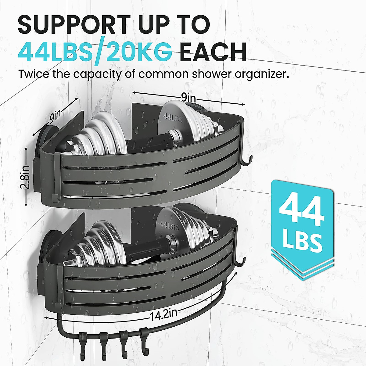 JIPORIER Corner Shower Caddy Suction Cup with 8 Hooks & 1 Towel Bar, 2 Pack Shower Shelves for Inside Shower, NO-Drilling Shower Organizer, Rustproof Shower Caddies Storage