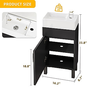 DWVO 16 Inch Bathroom Vanity Sink Combo for Small Space, Freestanding Bathroom Cabinet with Undermount Ceramic Sink, Modern Bathroom Storage Vanity Soft-Close Doors, Black