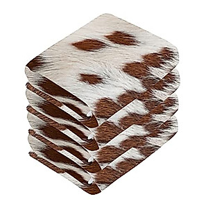 Cow Brown White Washcloth 12x12in Set, 4 Pack Absorbent Cotton Towel Square Kitchen Dishes Towels, Soft Cleaning Face Hand Towel Fast Drying