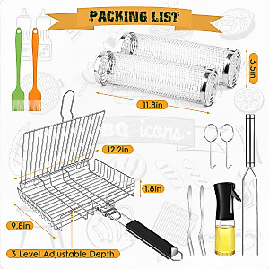 Grill Basket,11pcs Rolling Grill Baskets For Outdoor Grill With Barbeque Grilling Accessories,Stainless Steel Barbecue Folding Grill Basket With Handle,Brush,Portable Bbq Camping For Fish,Shrimp,Vegetables,Birthday Gifts For Men Dad