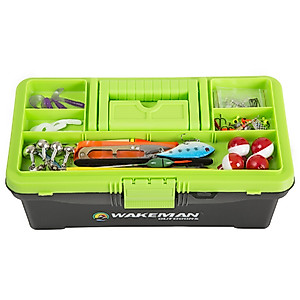 Fishing Single Tray Tackle Box- 55 Piece Tackle Gear Kit Includes Sinkers, Hooks Lures Bobbers Swivels and Fishing Line By Wakeman Outdoors Lime Green