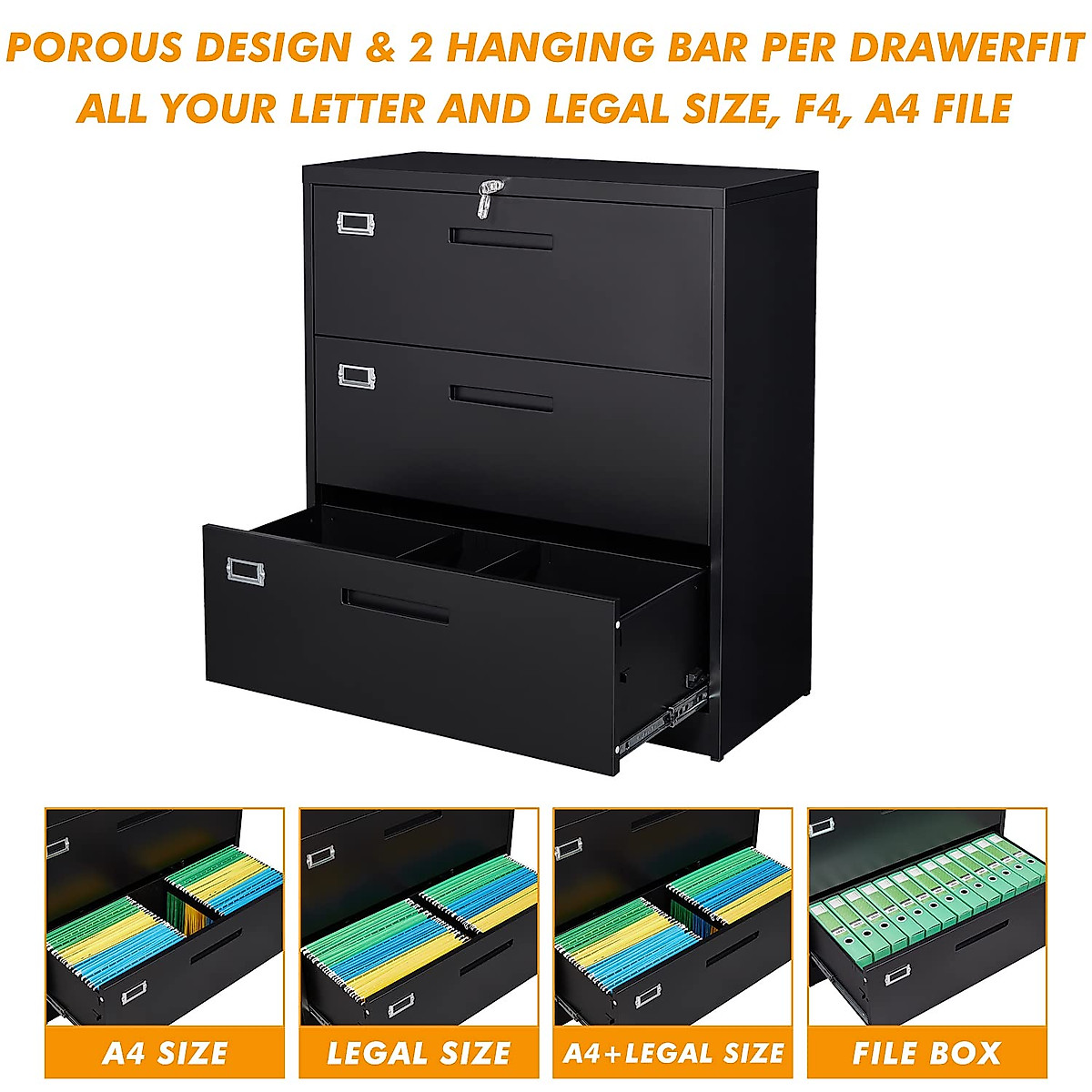 STANI Lateral File Cabinet with Lock, 3 Drawer Lateral Filing Cabinet, Metal Lateral File Cabinet for Home and Office, Metal Storage File Cabinet for Hanging Files Letter/Legal/F4/A4 Size