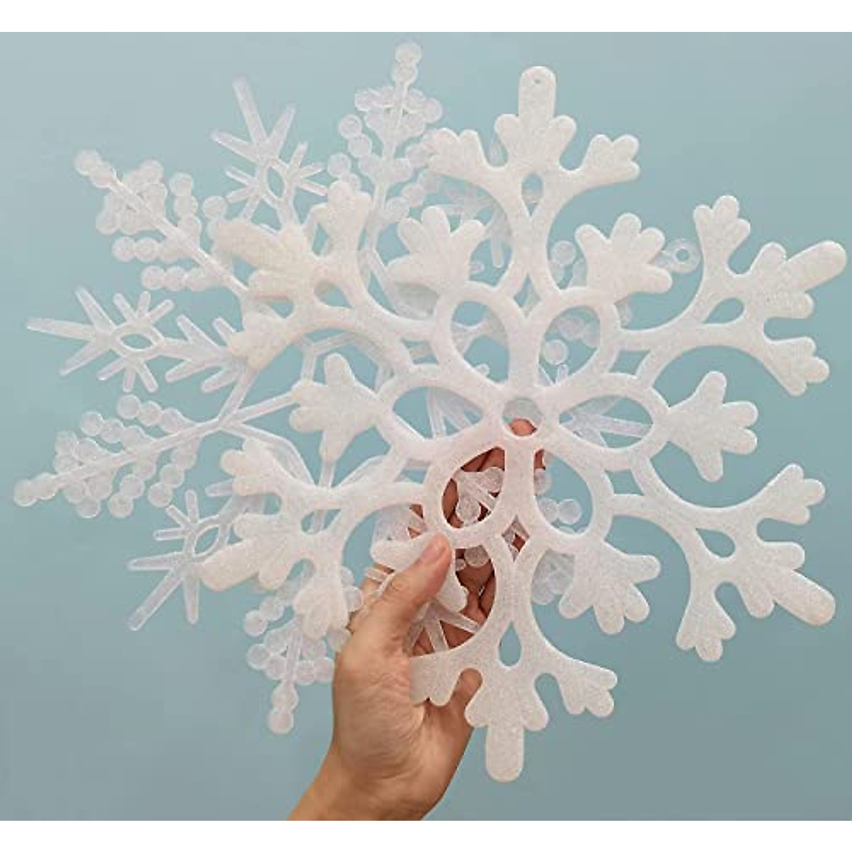 6pcs Large White Snowflakes Ornaments 12” Big Plastic Glitter Snowflake for Winter Indoor Outdoor Christmas Tree Window Room Decorations Giant Craft Snowflakes