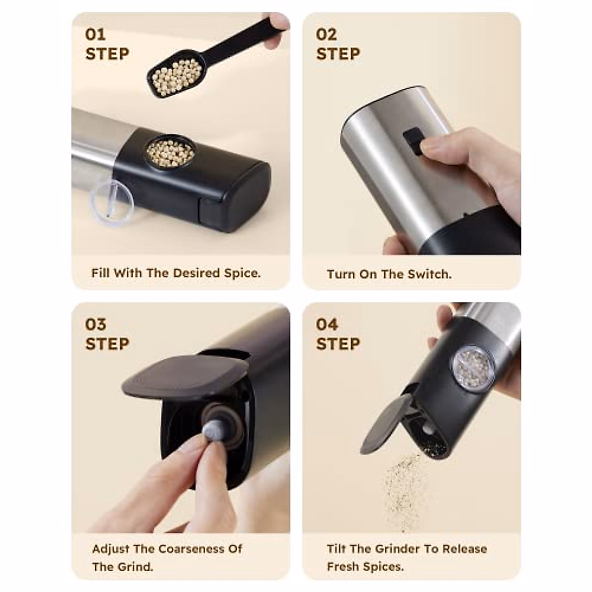 [Upgraded Larger Capacity] Sangcon Gravity Electric Salt and Pepper Grinder Set - USB Rechargeable With Dual Charging Base - Automatic One Hand Operation - Adjustable Coarseness & LED Light Refillable