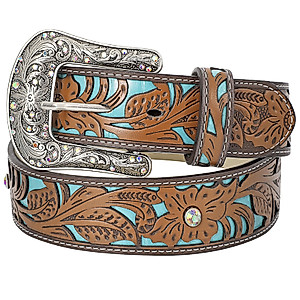WOWOGO Western Belts for Women Cowgirl Cowboy Country Belt Turquoise Rhinestone Leather Belt Brown Plus Size Belt