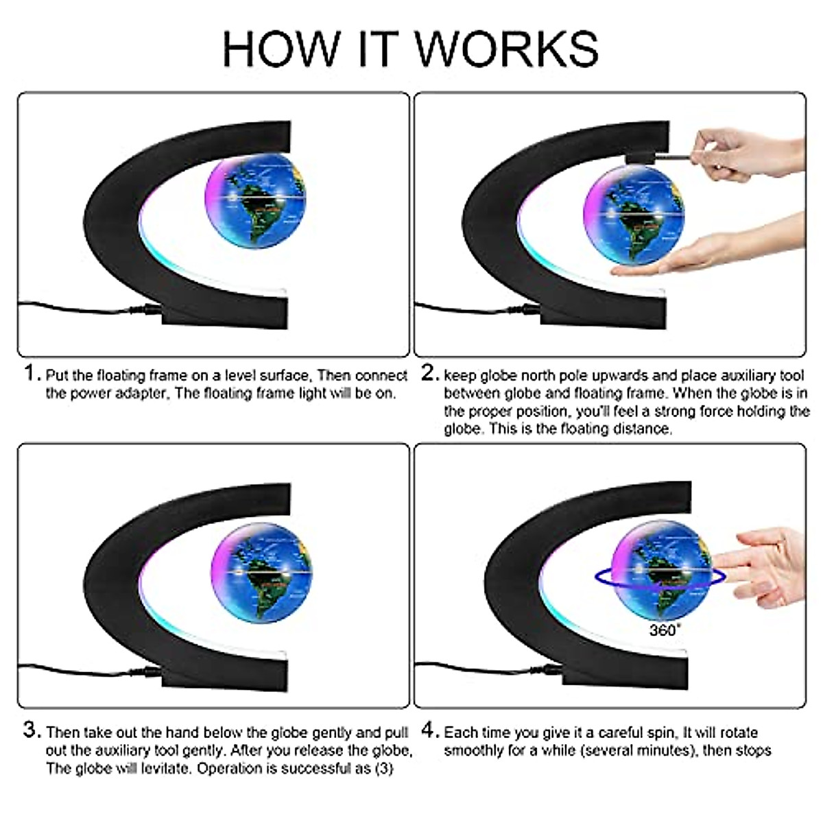 Gresus Magnetic Levitation Floating World Map Globe with C Shape Base, Floating Globe with LED Lights, Great Fathers Students Teacher Business Boyfriend Birthday Gift for Office Desk Decoration (Blue)