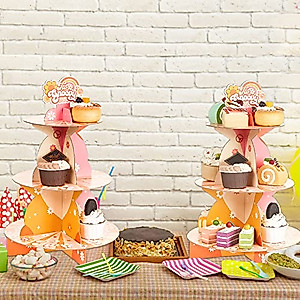 3 Tier Cupcake Stand 13.5Inch Cardboard Two Groovy Cupcake Stand Birthday Cupcake Tower Mini Dessert Stand for Girls Pink and Gold Birthday Baby Shower Party Supplies(1)