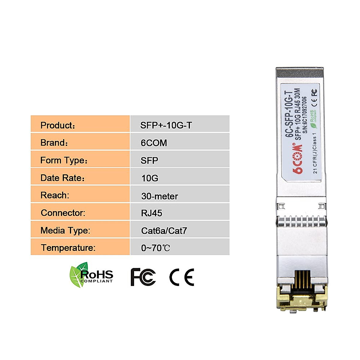 10GBase-T SFP+ Copper RJ45 Module Transceiver, RJ-45 SFP+ CAT.6a, up to 30 Meters, Compatible for Cisco SFP-10G-T-S, Ubiquiti UF-RJ45-10G, Netgear, D-Link, Mikrotik, Supermicro, TP-Link and More