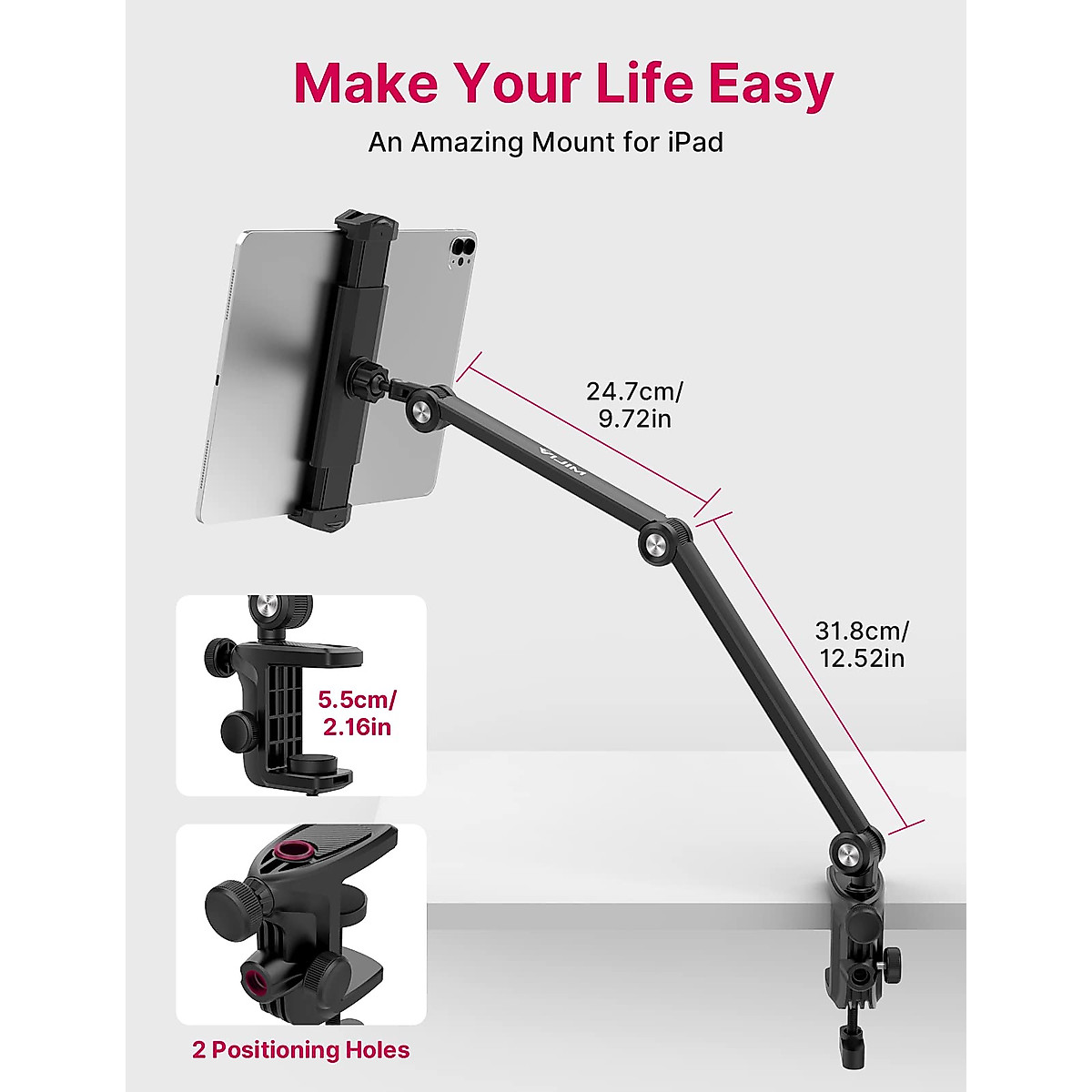ULANZI Select Tablet Holder Desk Stand - HP006 Aluminum Tablet Mount for Bed Flexible Arm Multi-Angle 360° Rotation 2 Positioning Holes for 4.7''- 13'' Tablet