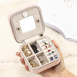 TRODANCE Jewelry Travel Case with Mirror,Small Travel Jewelry Organizer, Portable Jewelry Box Travel Mini Storage Organizer Portable Display Storage Box For Rings Earrings Necklaces (Pink)