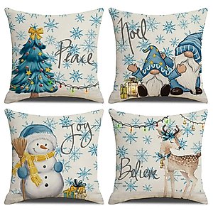 LITIVY Christmas Pillow Covers 18x18 Set of 4 for Xmas Decorative Pillowcase Winter Holiday Throw Cushion Case for Sofa Couch Home Farmhouse Decor (Christmas Tree Snowman Gnome Deer) (18"x18", Blue)
