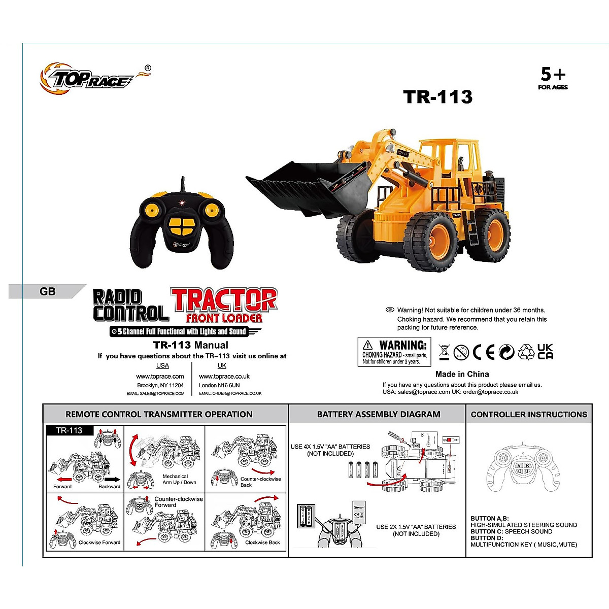 Top Race TR-113 5 Channel Full Functional Remote Control Tractor Toy Front Loader - 14 x 6 x 8 inch Electric RC Remote Control Construction Toy Tractors with Lights and Sounds