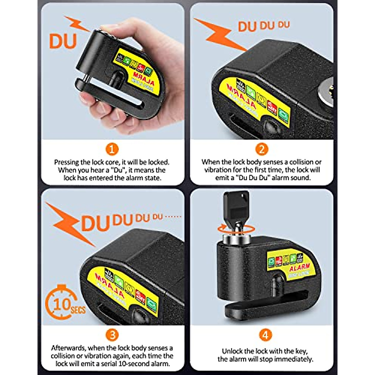 Onvian Motorcycle Lock with Alarm, Waterproof Motorcycle Locks Anti Theft for Motorcycle Bicycle Bike Scooter E-Bikes Wheel 6.7mm Disc Brake Rotor Lock 5FT Reminder Cable (Black)