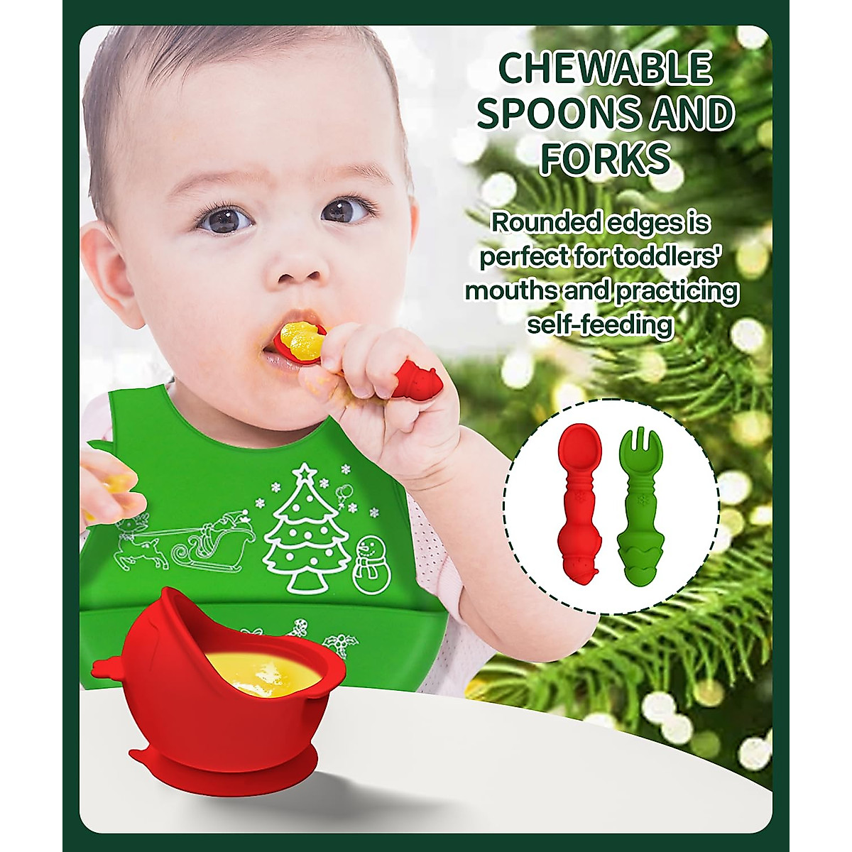 Silicone Baby Feeding Set for Christmas,Toddler Plates and Bowls Set with Suction, Baby-Led Weaning Supplies with Adjustable Bib, Sippy Cup,Chewable Spoons & Forks, Baby Utensils 6+Months