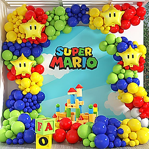 Mari Balloon Arch Kit Include Latex Balloons, Foil Star Balloons for Kids Mari Birthday Party Decoration Supplies Super Bros Baby Shower Party Decorations
