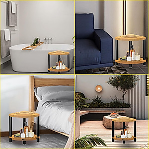 Corner Shower Stool with Storage Shelf,Waterproof Bamboo Corner Shower Seat for Bathroom,Sturdy and Non-Slip Shower Bench for Shaving Legs,Height Adjustable Metal Chair legs with Anti Slip Pad (Brown)