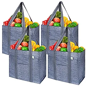 VENO 4 Pack Reusable Grocery Shopping Bag w/ Hard bottom, Foldable, Multipurpose Heavy Duty Tote, Daily Utility bag, Stands Upright, Sustainable (Set of 4, Gray)