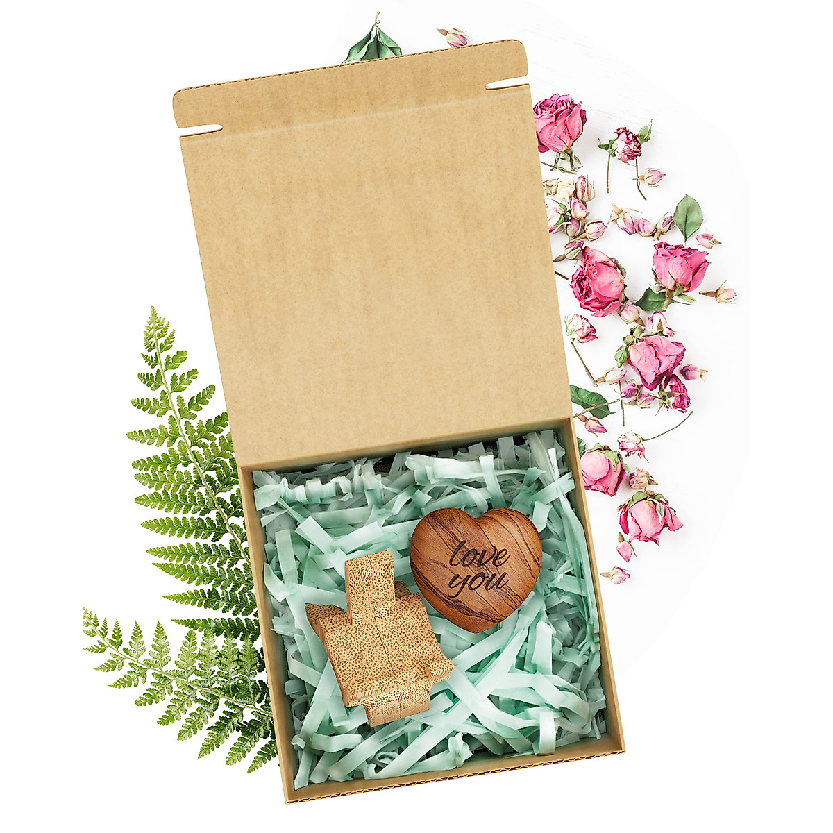 Carved Wooden Heart Shape Gifts - Love You - Engraved Olive Wood with Bamboo Stand - 5 Year Wooden for Her or Him - Christmas, Valentine's Day, Mother's Day, Father's Day, Birthday