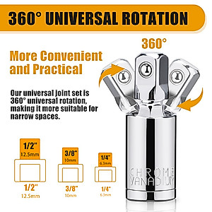 3PCS Universal Joint Socket Set, 1/4” 3/8” 1/2” Drive Swivel Socket Adapter Set, Premium Chrome Vanadium Steel Universal Joint Socket Adapter Suitable for Narrow Spaces- Tiosamd
