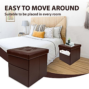 xuperbonus15 Inches Folding Storage Square Ottoman with Side Pocket Brown Leather Cube Foot Rest Stool Seat for Dorm Living Room Bedroom