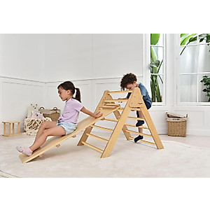 Avenlur Olive 3 in 1 Foldable Triangle Ladder and Slide - Montessori Climbing Set - Indoor Wood Climbing Gym for Children Ages 1 to 6 Years - Baby Climbing Triangle (Natural, Medium)