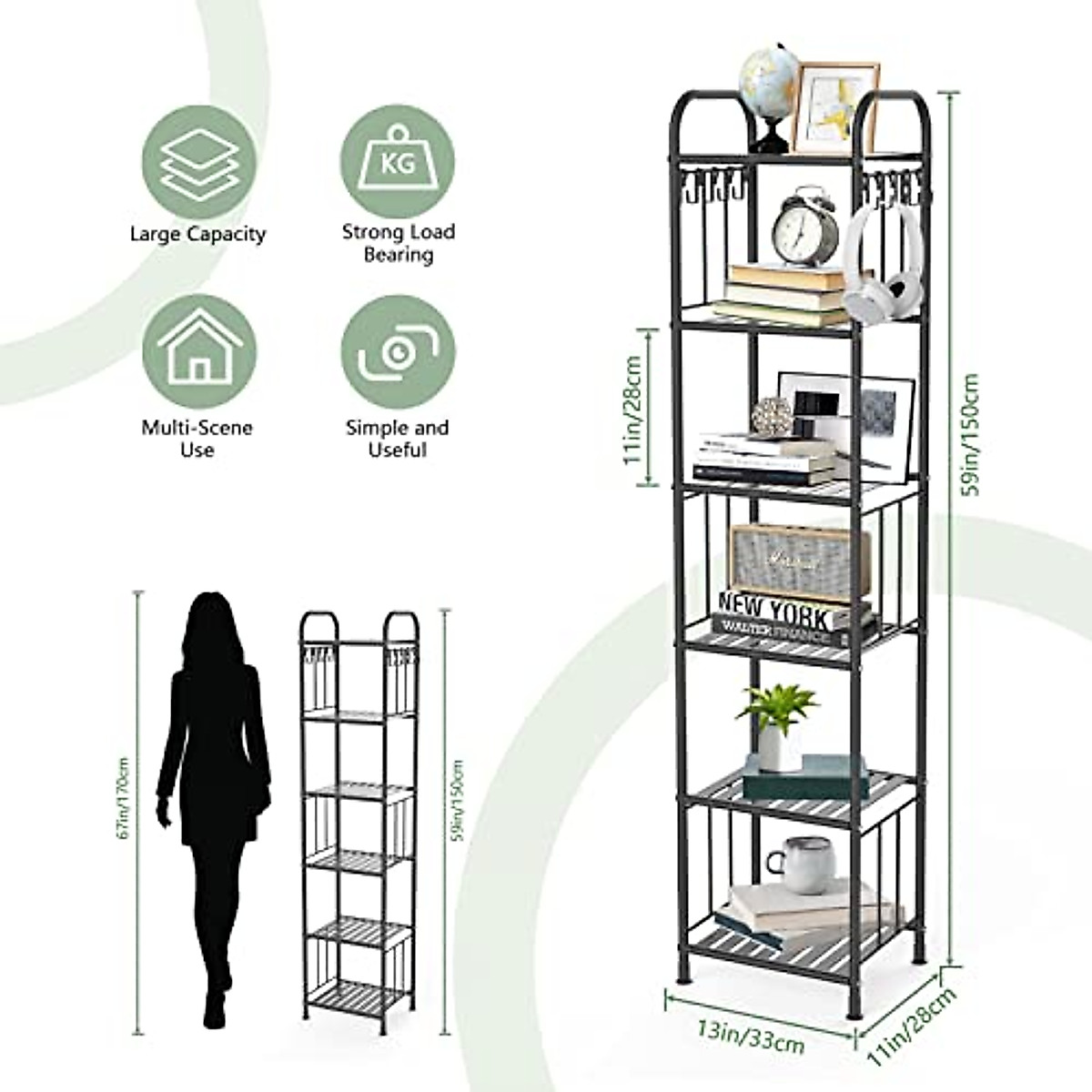 6 Tier Narrow Metal Bathroom Towel Storage Shelving Unit with 10Pcs S Hooks, Freestanding Corner Rack Shelves for Small Spaces, Practical Shelf Bookshelf for Bedroom Pantry Laundry Kitchen (Black)…