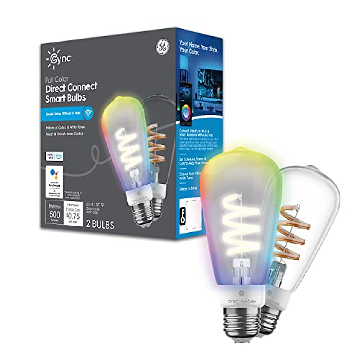 GE CYNC Smart LED Light Bulbs, Color Changing, Bluetooth and Wi-Fi, Works with Alexa and Google Home, ST19 Edison Style Light Bulbs (2 Pack)