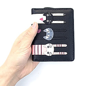 SUMGOGO Small Wallet for Women Cute Cat Pendant Card Holder Organizer Girls Front Pocket Coin Purse Leather (B-Black)