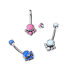 Pierced Owl 14G Implant Grade Titanium Internally Threaded Top Round Bezel Set Synthetic Opal Cluster Navel Belly Button Ring (Opal White)