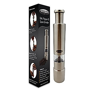 Avryware Stainless Steel Refillable Spice Grinder Mill For Salt, Pepper, and Seasoning - Thumb Operated Push Button For One Hand Grinding